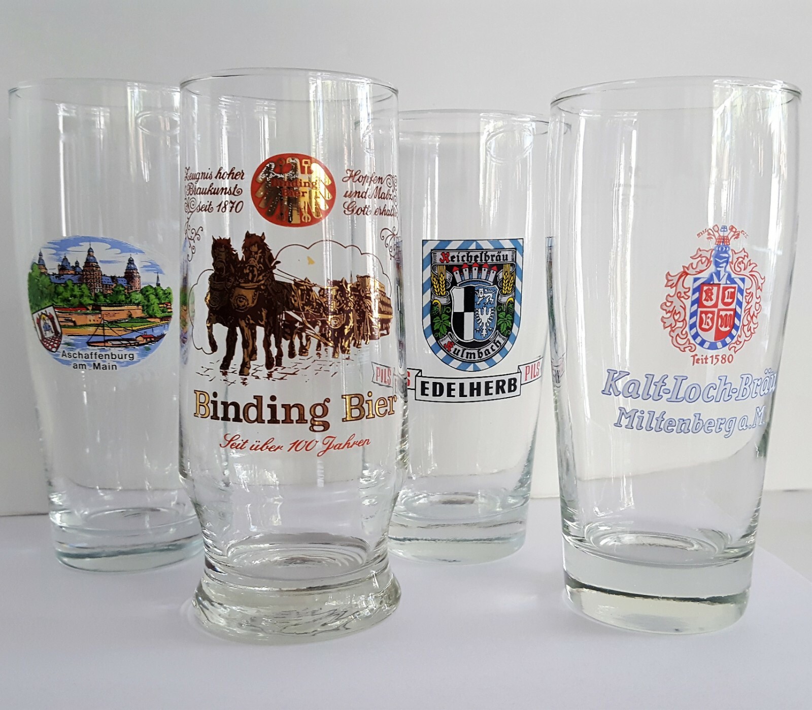 4 German Beer Glasses Lot Reichelbrau Kalt-Loch Brau Binding Bier .25lL ...