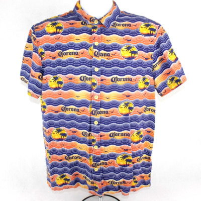Corona Beer Sunset Palm Tree Beach Getaway Button Up S/S Shirt Size ...