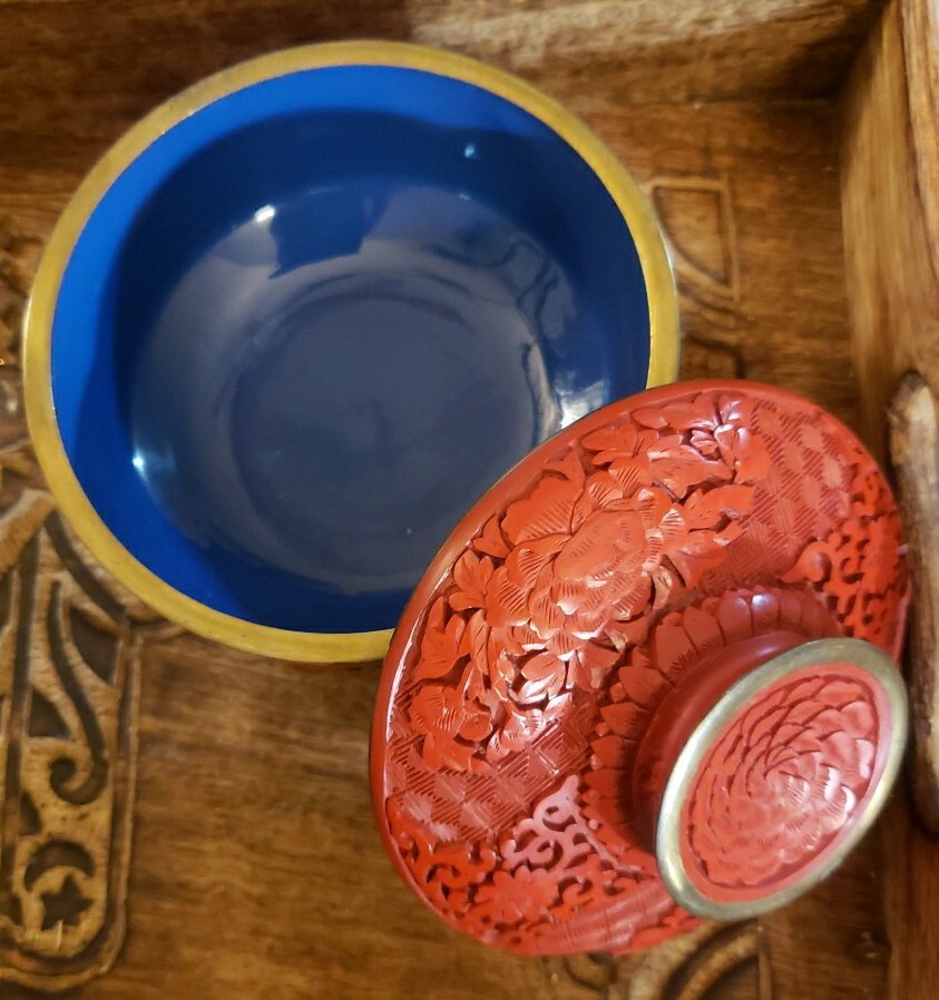 Chinese Hand Carved Cinnabar Bowl w/ Lid & Blue Lacquered Enamel 4.25 ...