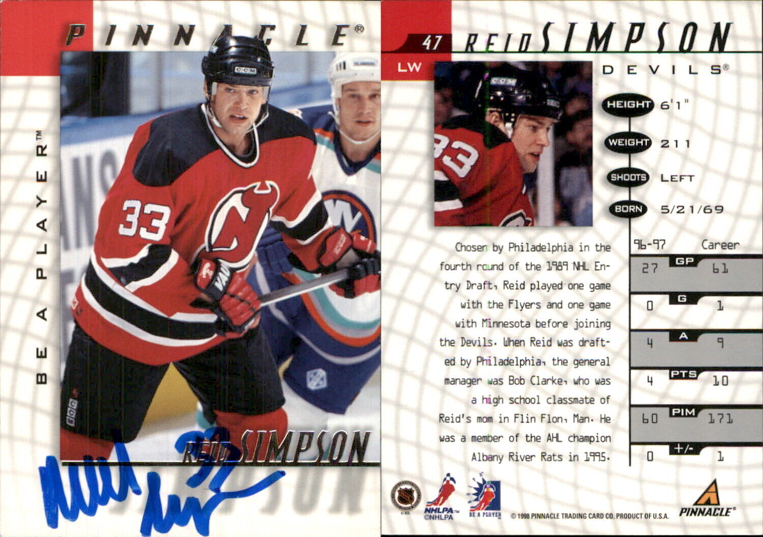 Reid Simpson Signed 1997-98 Pinnacle Be a Player #47 Card New Jersey ...