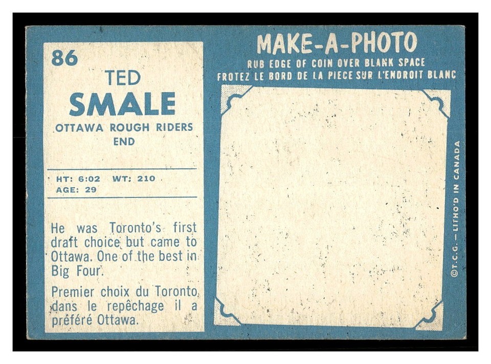 1961 TOPPS CFL FOOTBALL TED SMALE #86 OTTAWA ROUGH RIDERS MID HIGHER ...