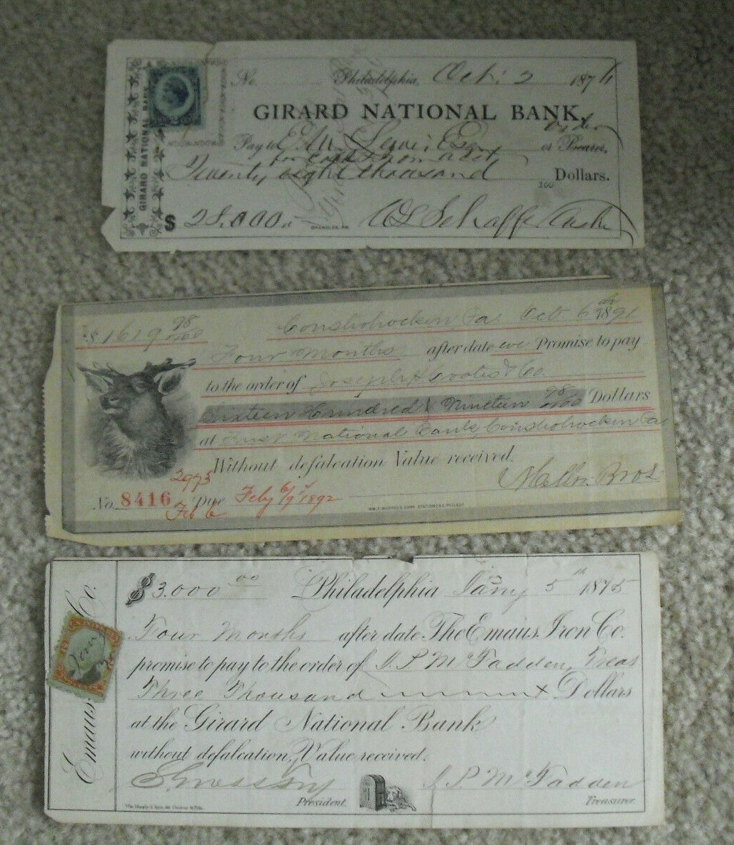 Lot of 3 Vintage 1871 75 91 Phila PA First Girard National Bank ...