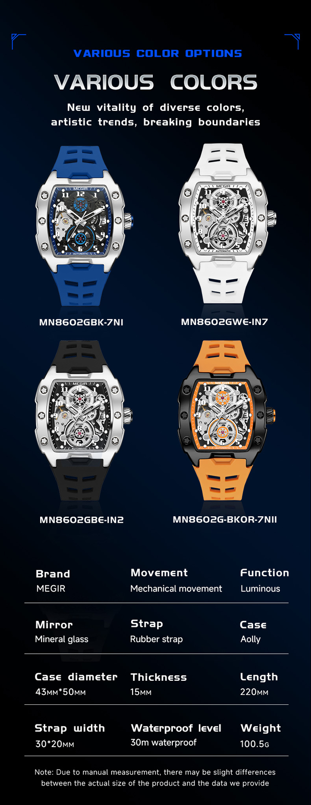 MEGIR Tonneau Hollow Luminous Waterproof Tourbillon Automatic ...