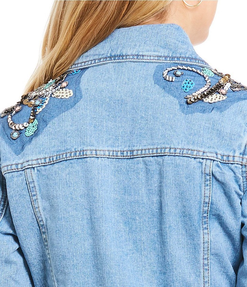 New Reba Painted Desert Embellished Denim Blue Jean Peplum Jacket Top L ...