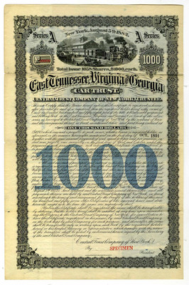 NY. East Tennessee, Virginia & Georgia Car Trust, 1882. $1000 Specimen ...