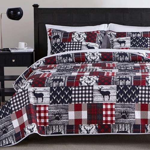 Cabin Quilt Set Queen, Christmas Rustic Quilt Coverlet Bed Set, 3-Piece ...
