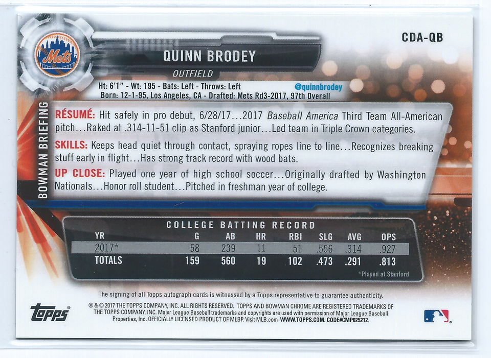 2017 Bowman Chrome Draft Autographs #CDAQB Quinn Brodey | eBay