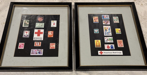 2 Set Framed American Red Cross Postage Stamps 21 Total Many Countries ...