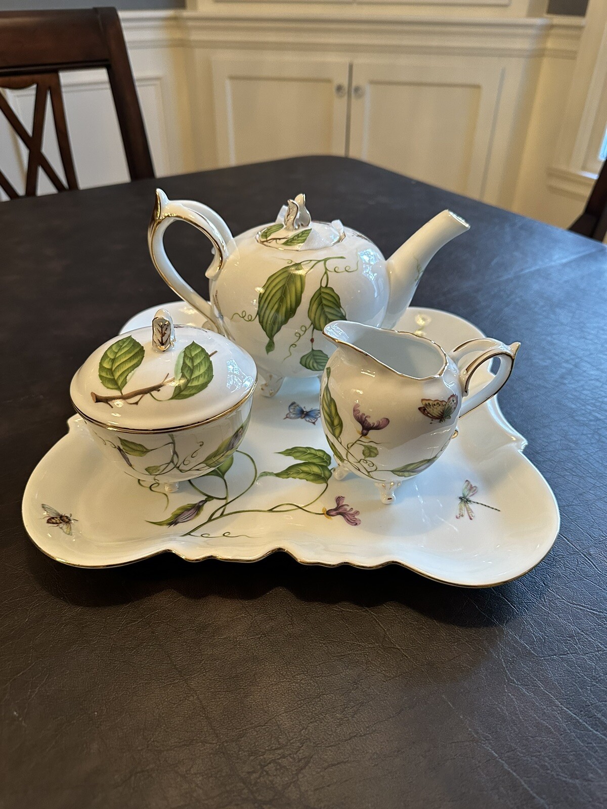 I. Godinger & Co "Jardin" 4 Piece Porcelain Tea Set NWOB Insect & Leaf ...