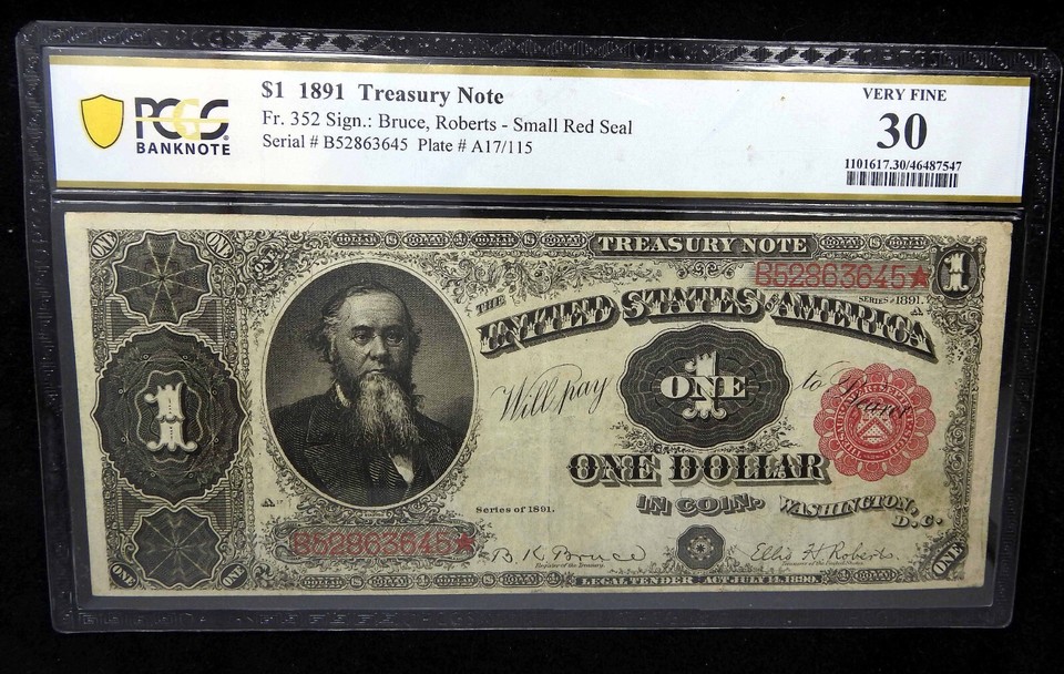 1891 $1 Dollar Treasury Note BILL Fr 352 SMALL RED SEAL PCGS VF 30 ...