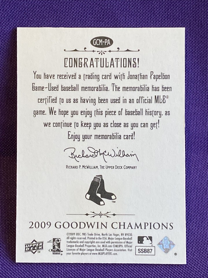 2009 JONATHAN PAPELBON UPPER DECK GOODWIN CHAMPION GAME-USED JERSEY ...