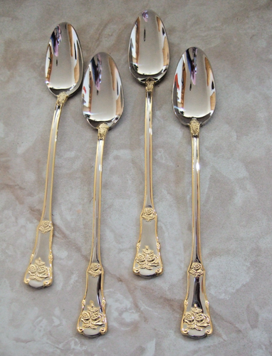 SET OF 4 Iced Tea Spoons ROYAL ALBERT OLD COUNTRY ROSES GOLD 18/10 ...