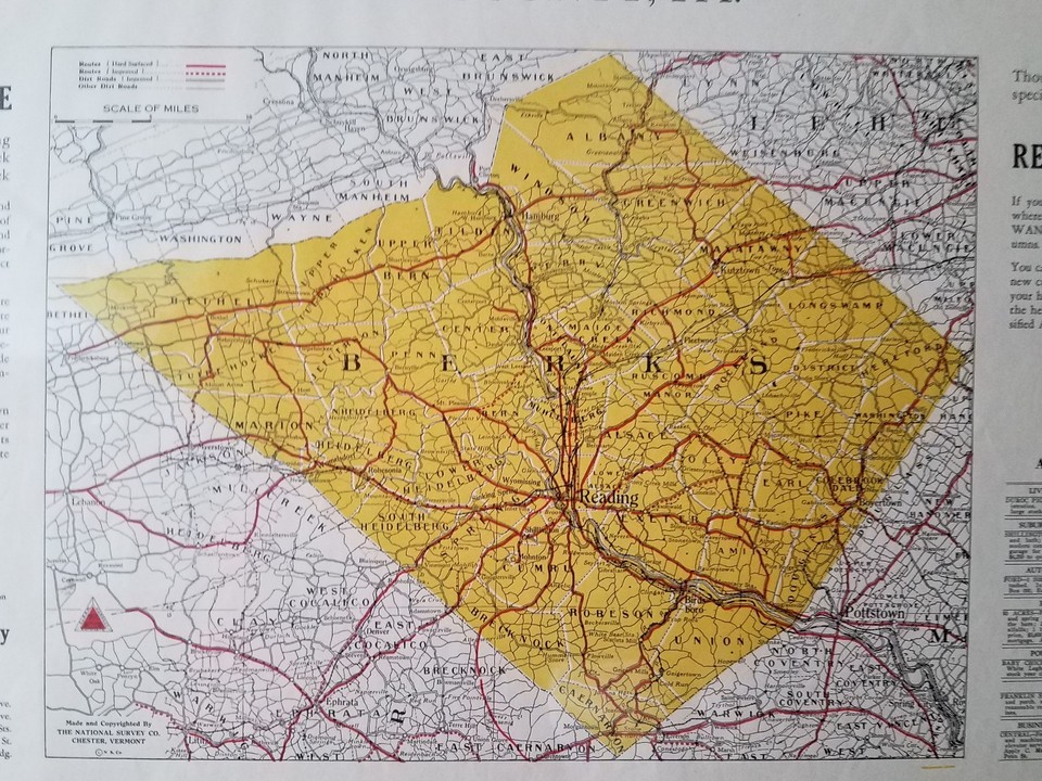 1930 Antique Map of Berks County Pennsylvania Reading Eagle Newspaper ...