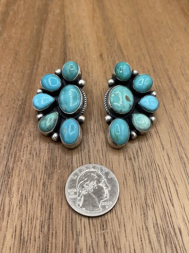 Navajo Handmade Sterling Silver Kingman Turquoise Half Cluster Earrings ...