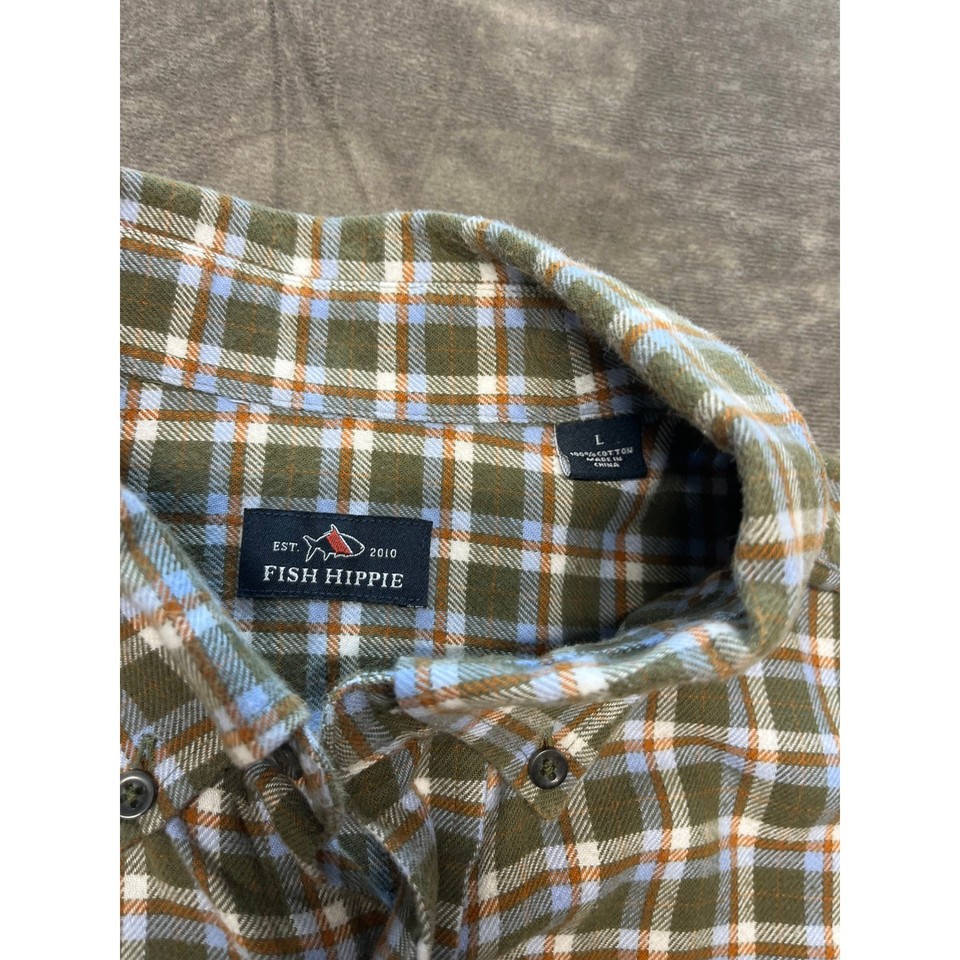 Fish Hippie Mens L Flannel Button Up Shirt Olive Green Brown Plaid ...