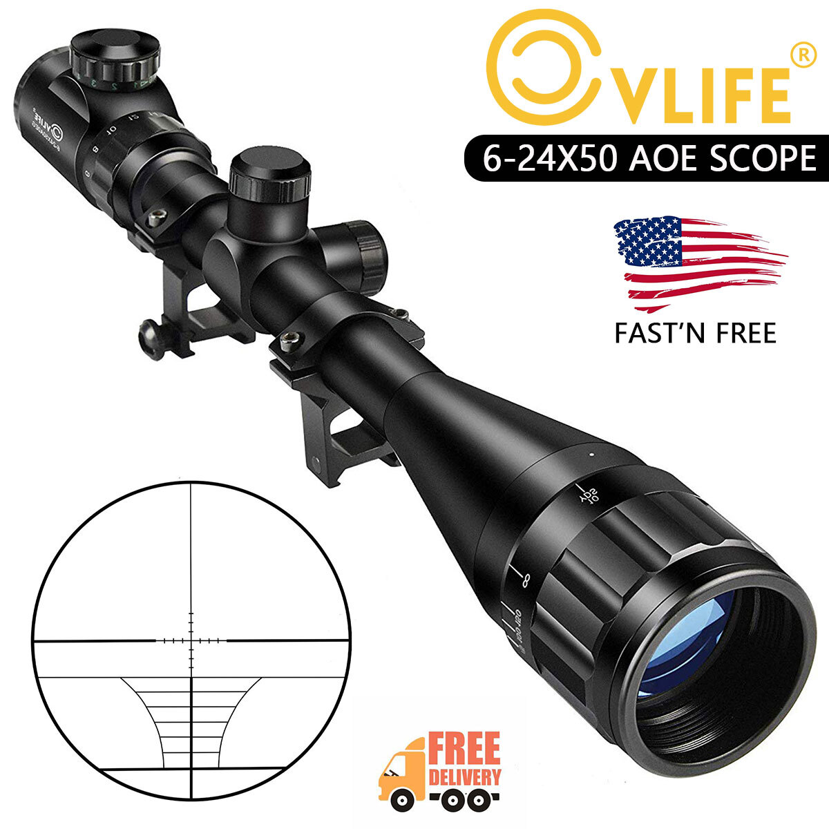 6-24x50 AOE Rifle Scope Mil Dot Rangefinder Illuminated R/G Optics ...