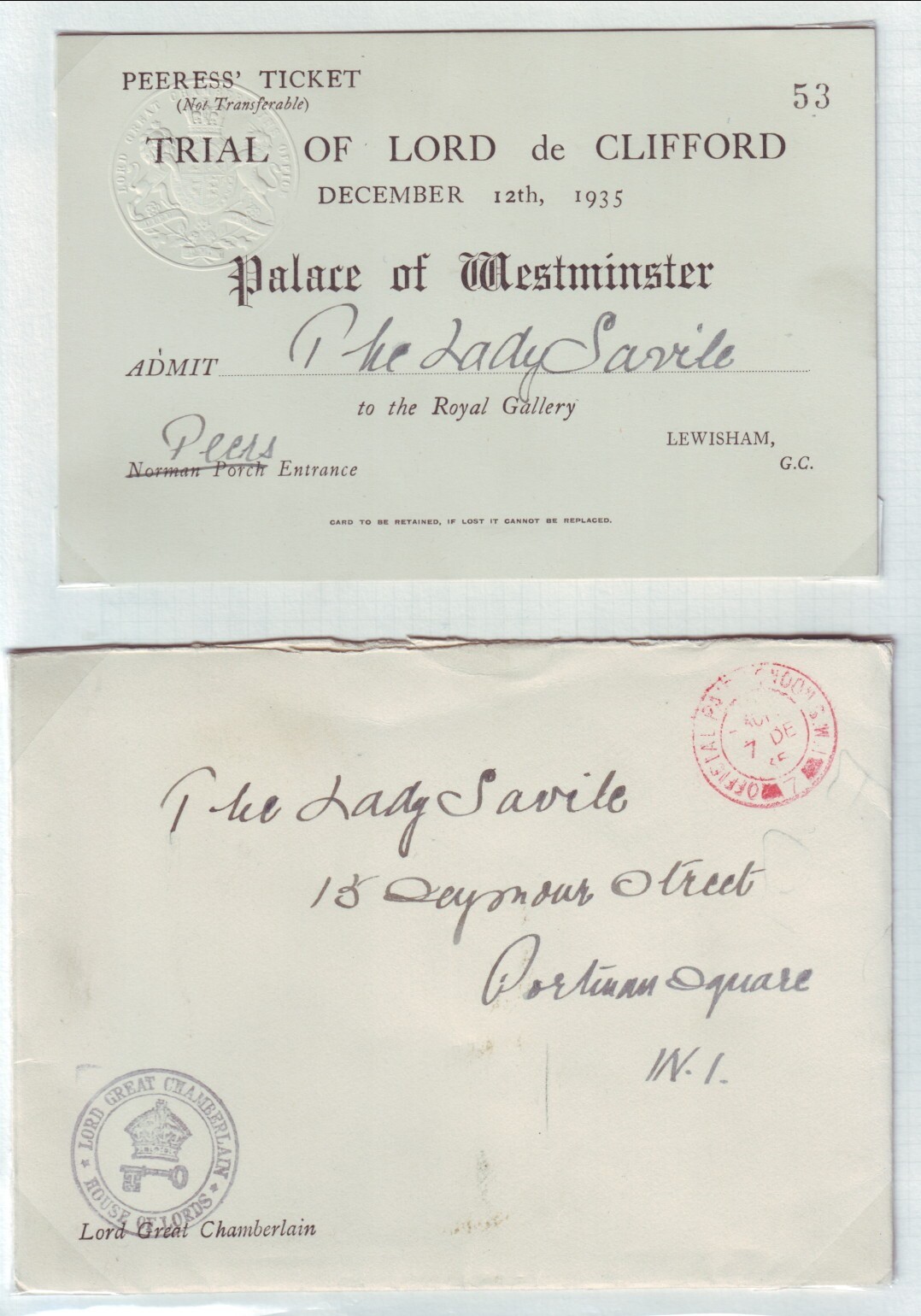 FIRST CAR ACCIDENT TRIAL BARON DE CLIFFORD HOUSE OF LORDS TICKET 1935 ...