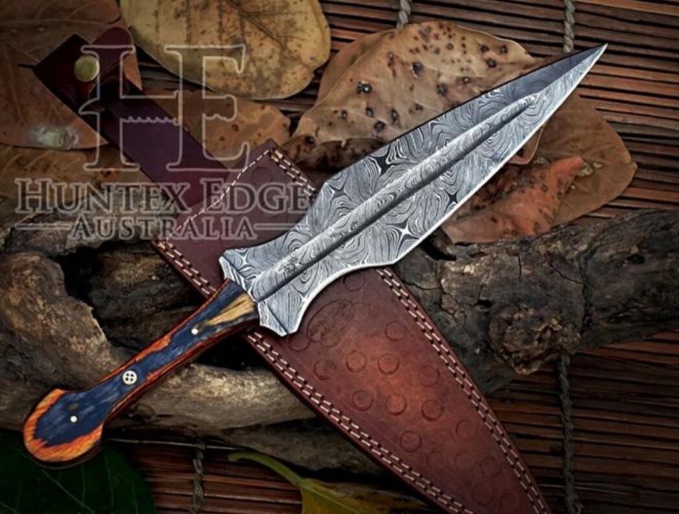 11” Handmade Damascus Fixed Double-Edged Blade Hunting Dagger Knife ...