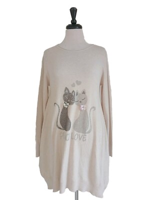 Ladies Beige Cat Jumper Women's tunic Dress Cat Top S/M UK 8 10 12. | eBay