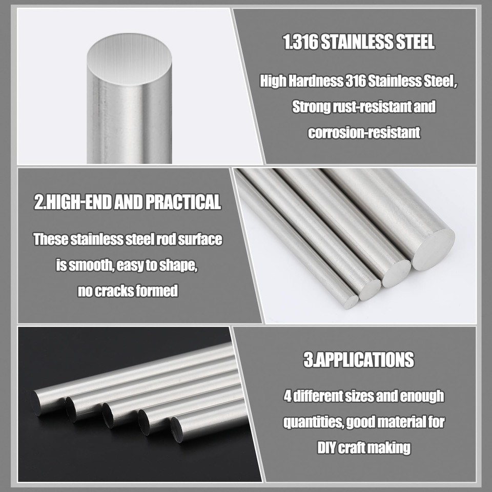 5 PCS 316 Stainless Steel Round Rod 3/16" Diameter x 12" Length Bar ...