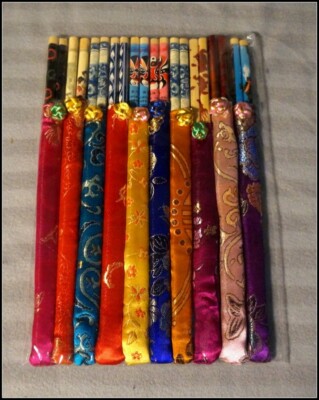 New Set of 10 Wooden Chopsticks with individual Cloth Covers Decorated ...