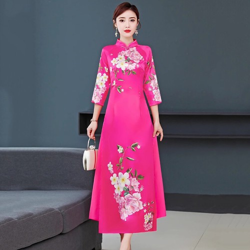 Lady Chinese Cheongsam Dress Flower Print 3/4 Sleeve Frog Buttons ...