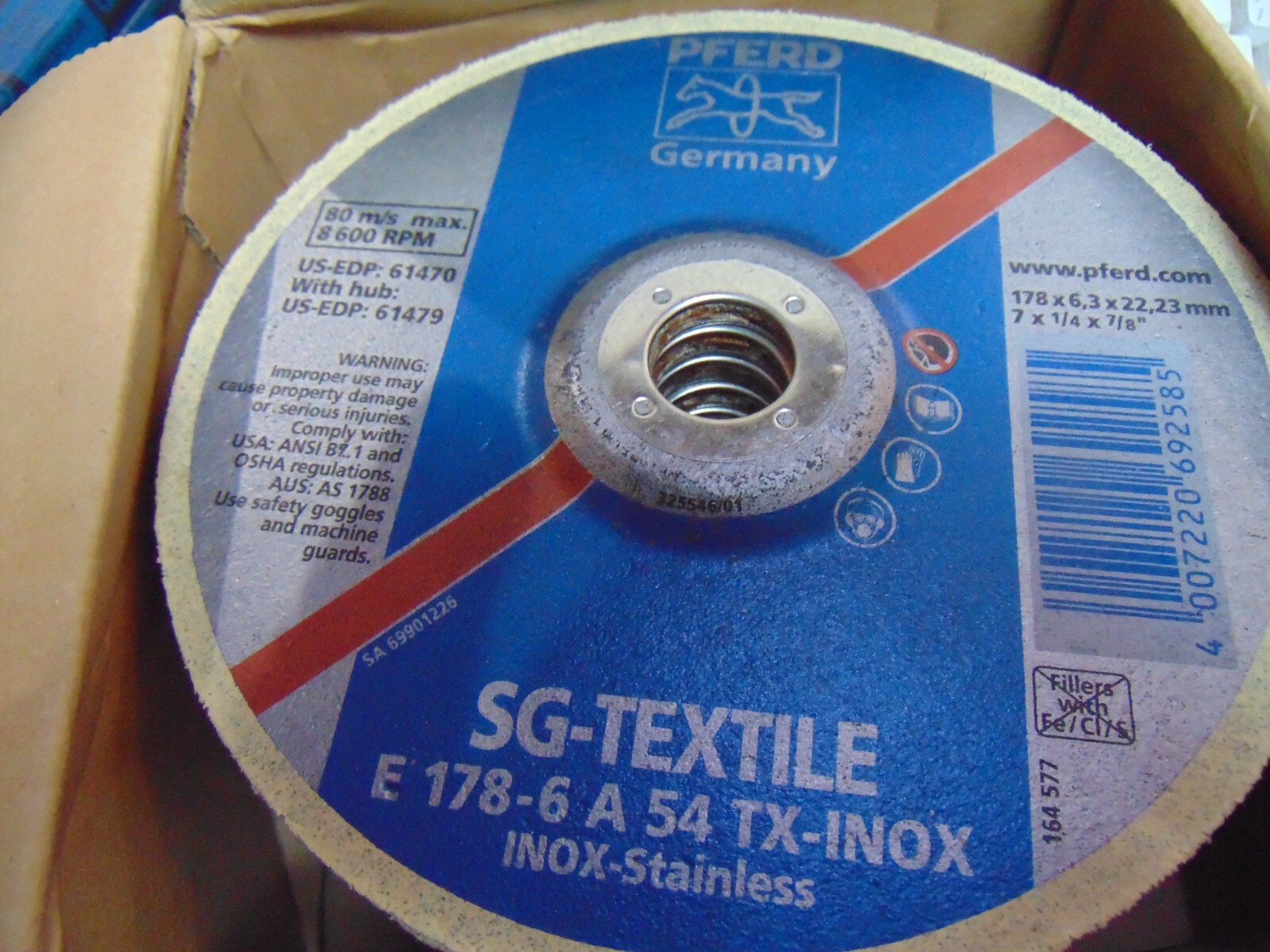 5 pack PFERD textile disc 7" X 1/4" X 7/8" 54 grit stainless metal ...