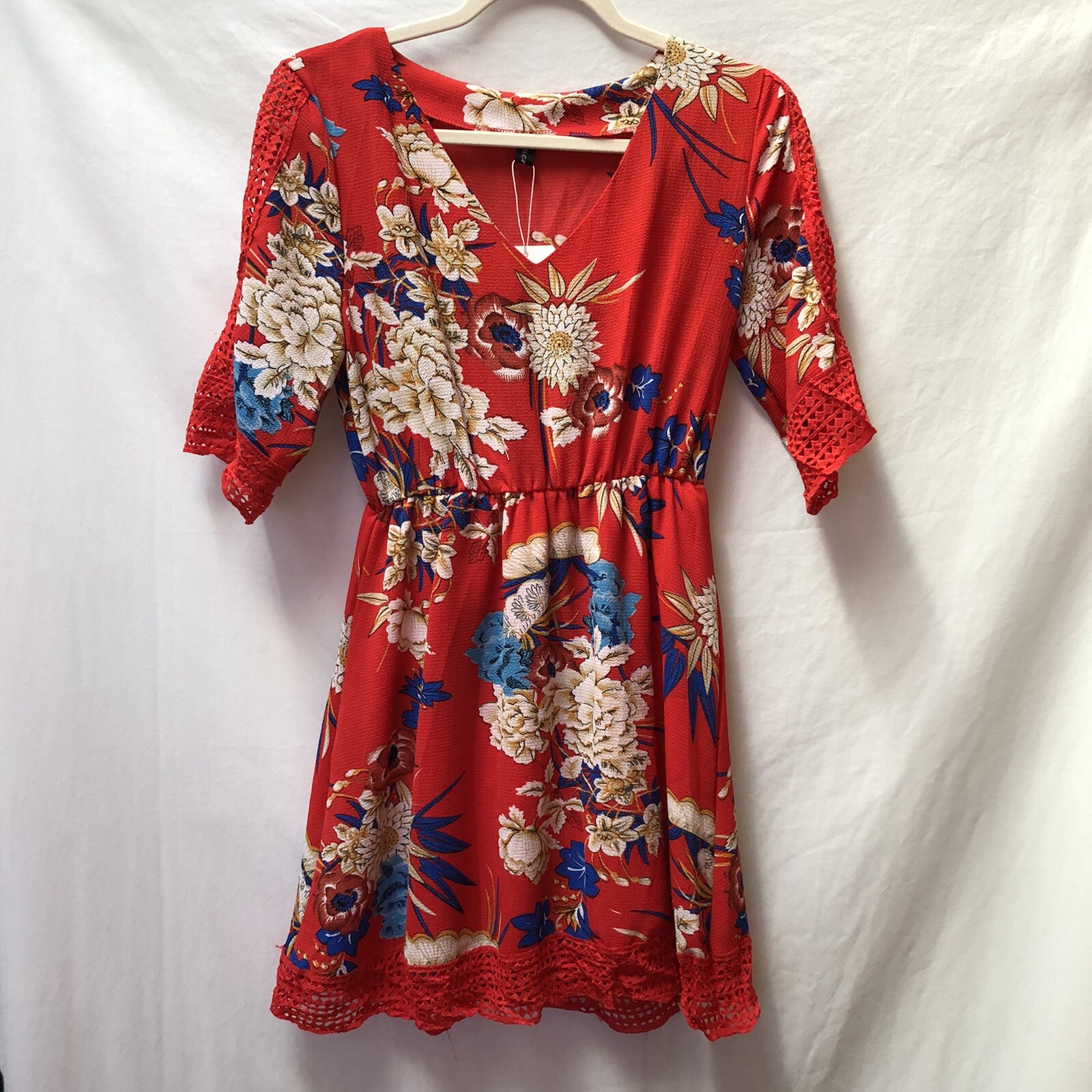 Sucrefas Woman's Large Red Floral Fit and Flair Dress W/Crochet Trim | eBay