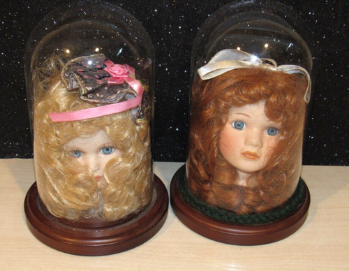 Pair of Porcelain doll HEADS in wooden and glass display case Domes ...