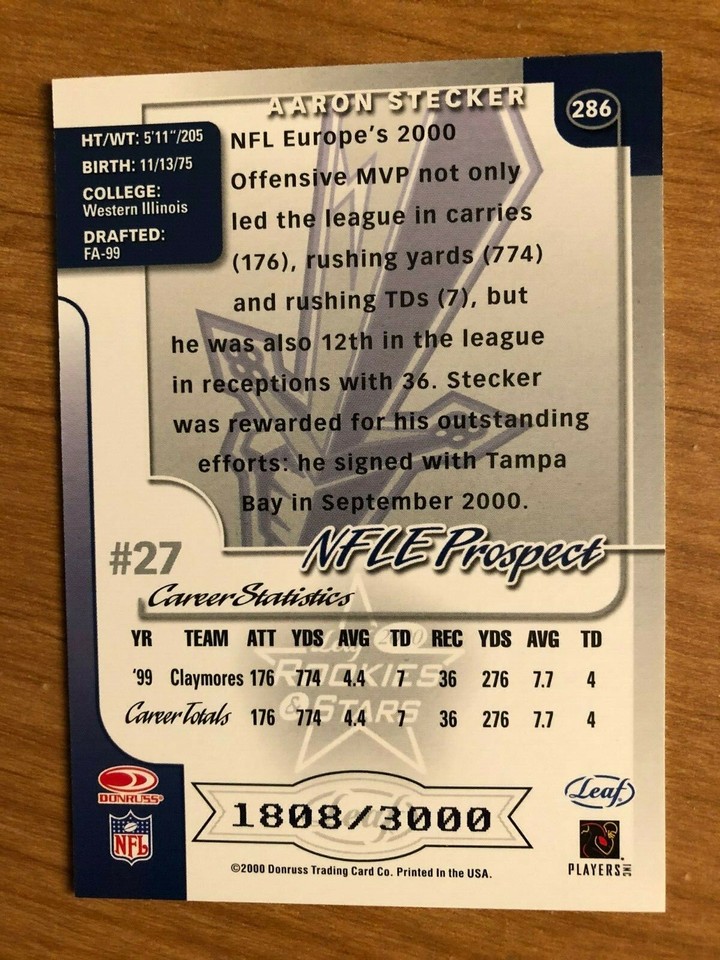 2000 Leaf Rookies & Stars Aaron Stecker NFL Europe RC Western Illinois ...