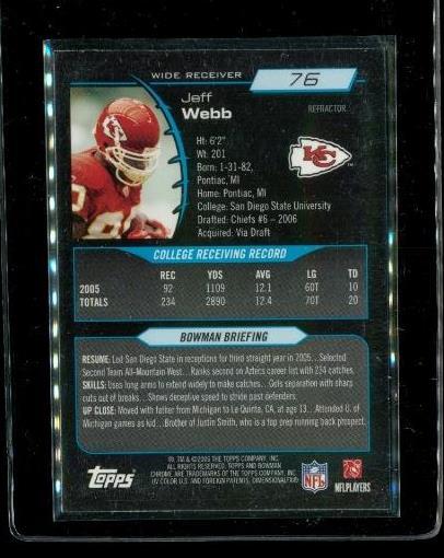 2006 TOPPS BOWMAN CHROME ROOKIE Refractor Football Card #76 JEFF WEBB ...