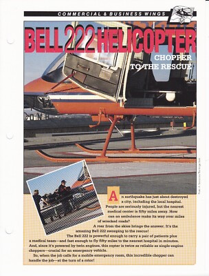 Bell 222 Helicopter "Chopper to the Rescue" Life Flight Spec Sheet Fact ...