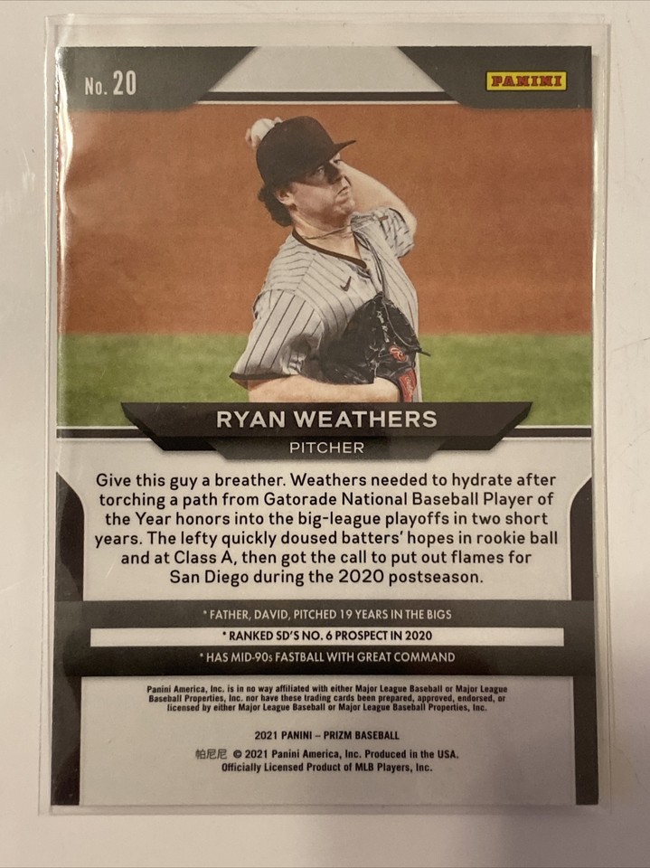 2021 PANINI PRIZM RYAN WEATHERS ROOKIE BASEBALL CARD NO. 20 SAN DIEGO ...