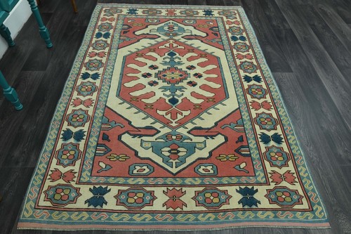 5.3x7.4 Ft, Pink Beige Blue Turkish Rug, Handmade Vintage Rug, Oushak ...