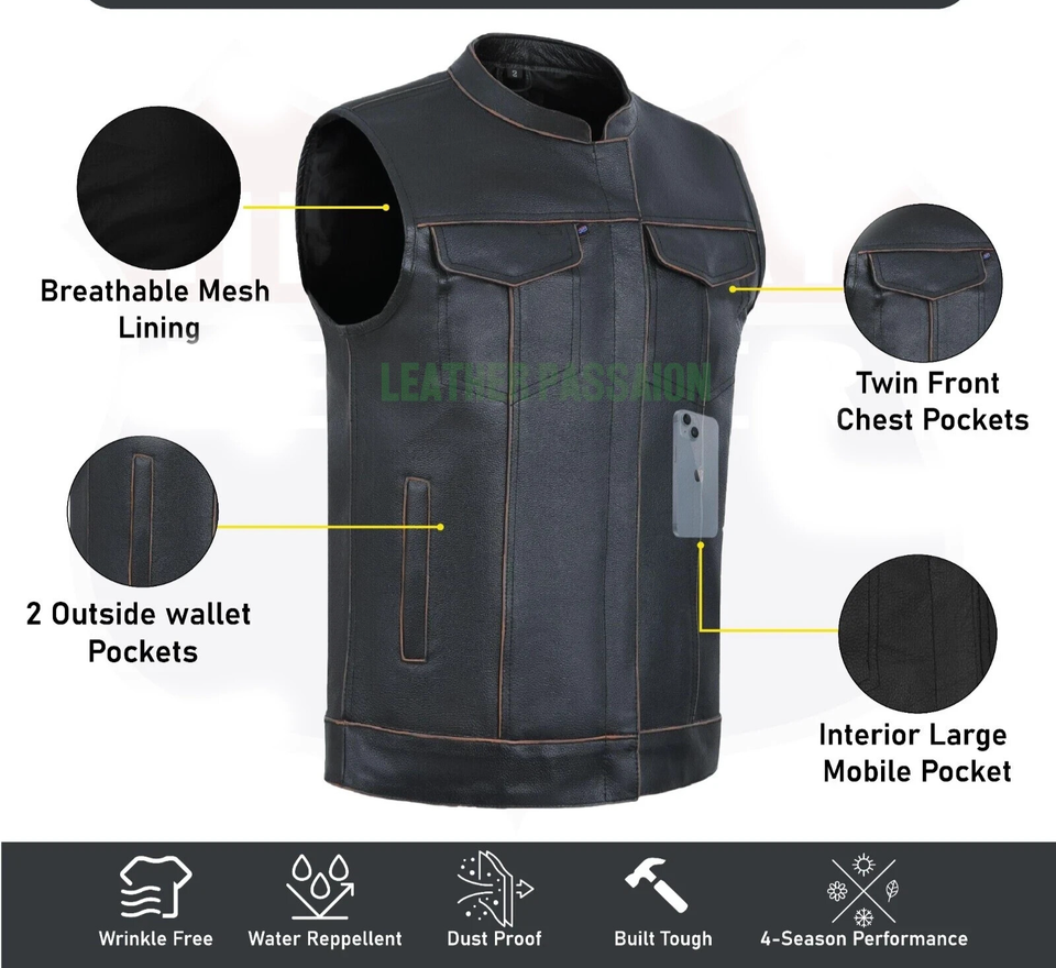 Men's Cow Rub Buff Leather Vest Anarchy Motorcycle Biker Club Concealed ...