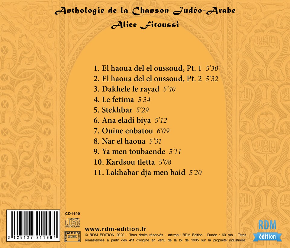 CD Anthologie de la Chanson Judéo-Arabe : Alice Fitoussi | eBay