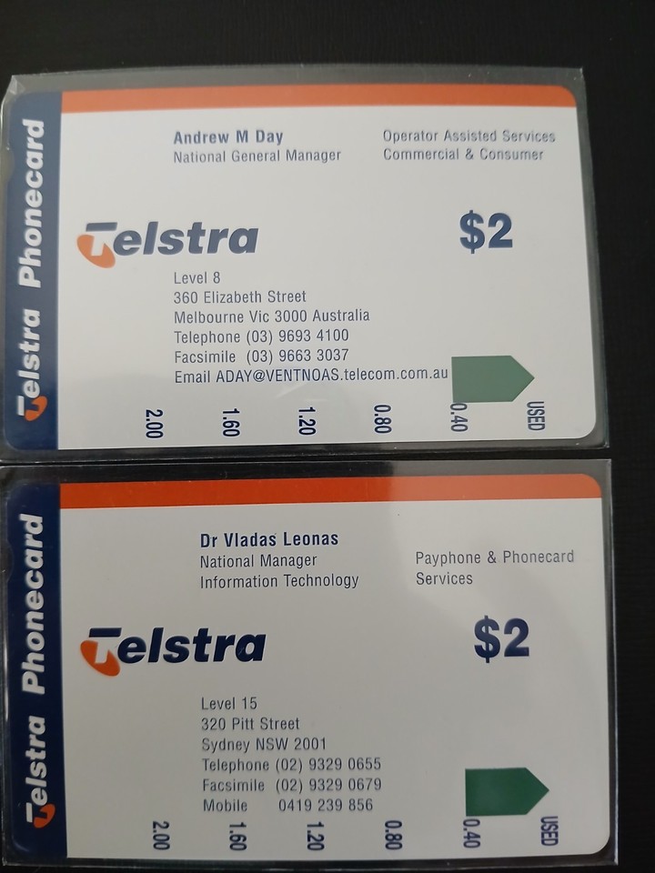 Two Mint Unused Telstra Andrew M Day Dr Vladas Leonas Business Phonecards | eBay Australia