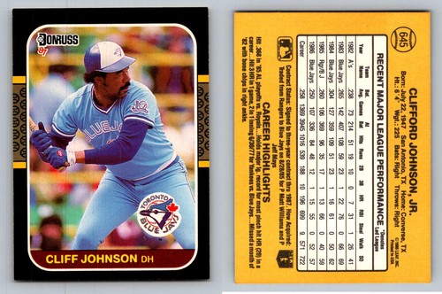 Cliff Johnson Designated Hitter Toronto Blue Jays Donruss 1987 Card 645 ...