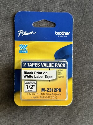 Brother P-Touch Black Print On White Tape 2 Pack 1/2" x 26.2' M-2312PK ...