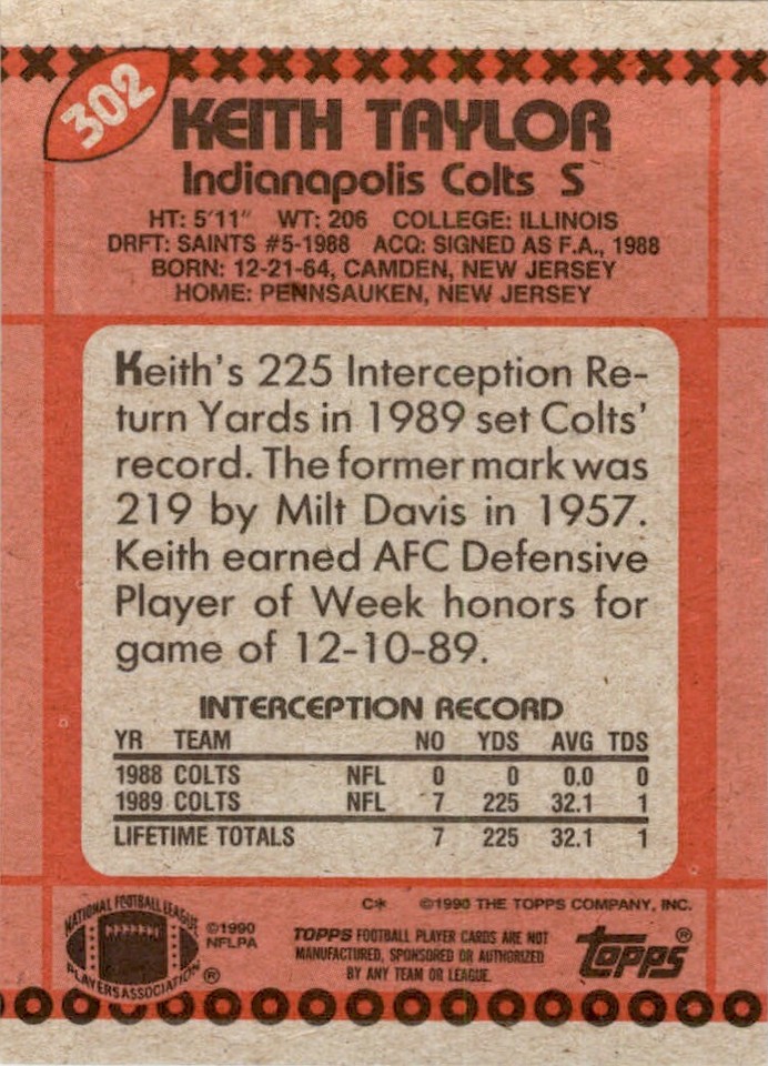 1990 Topps Keith Taylor Indianapolis Colts #302 Football Card | eBay