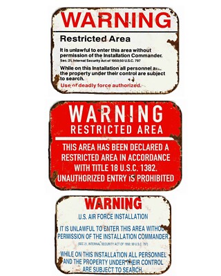 Set Of 3 Warning Restricted Area Use Of Deadly Force Tin Signs up to ...