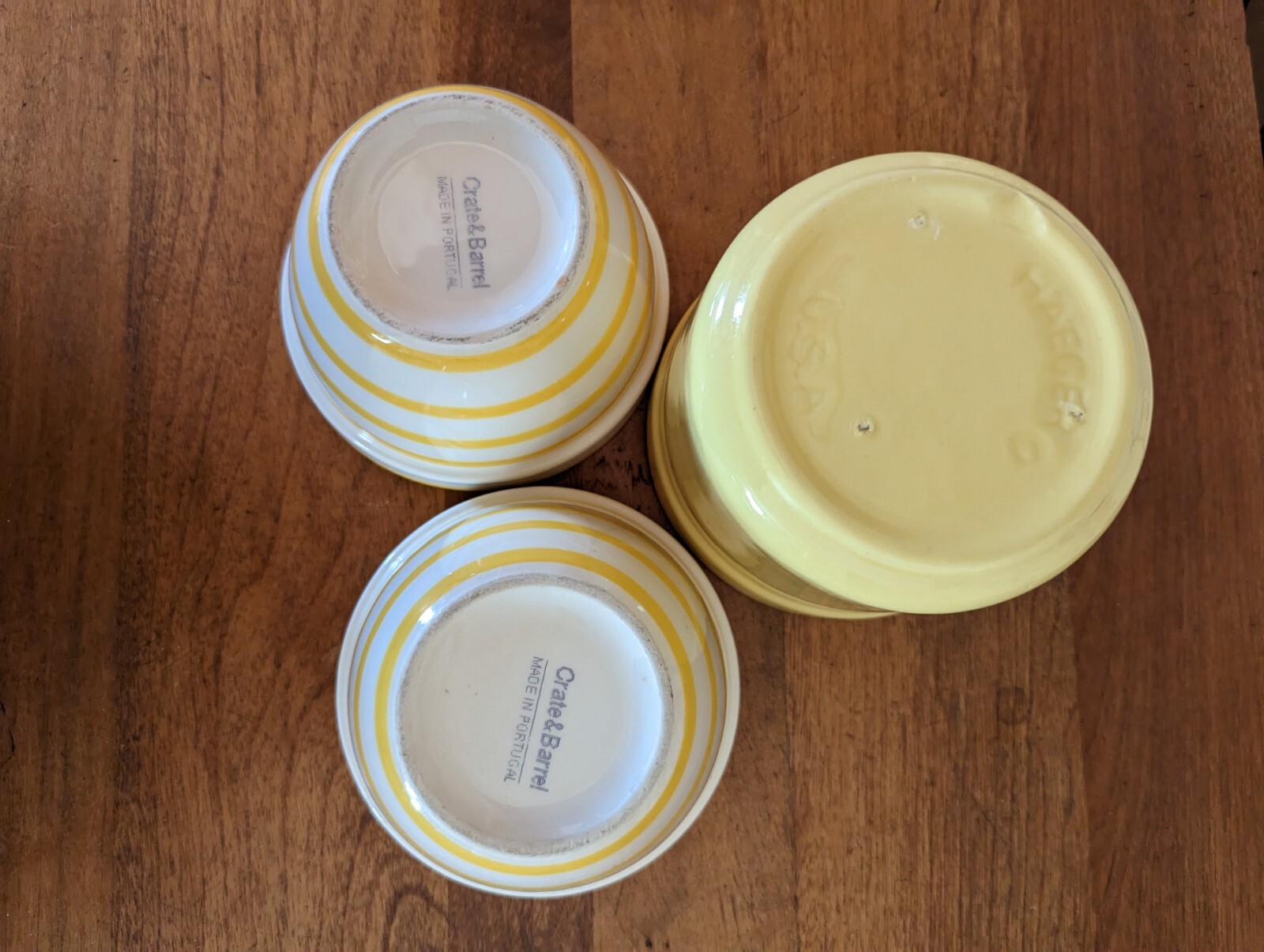 3-VINTAGE YELLOW STRIPE POTTERY POTS - CRATE AND BARREL, HAGER SOLID ...