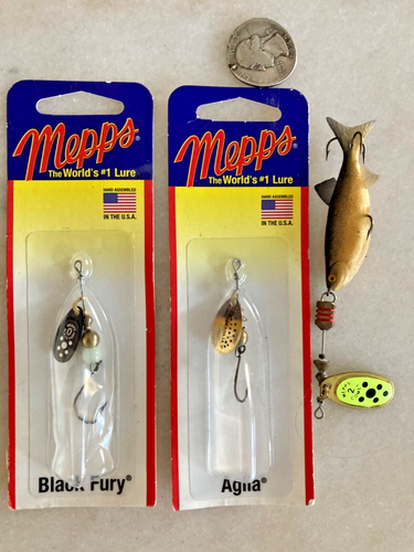 VTG LOT 3 MEPPS SPINNERS COMET MINNOW FISHING LURES AGLIA BLACK FURY ...