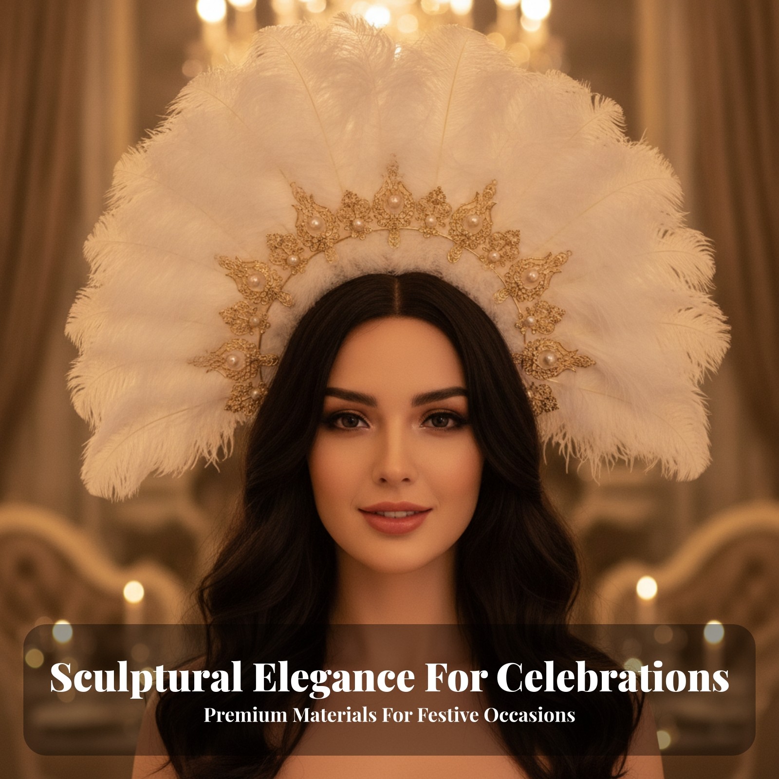 Feather Headpiece with Golden-Finish Frame Showgirl Headband Ornate for ...