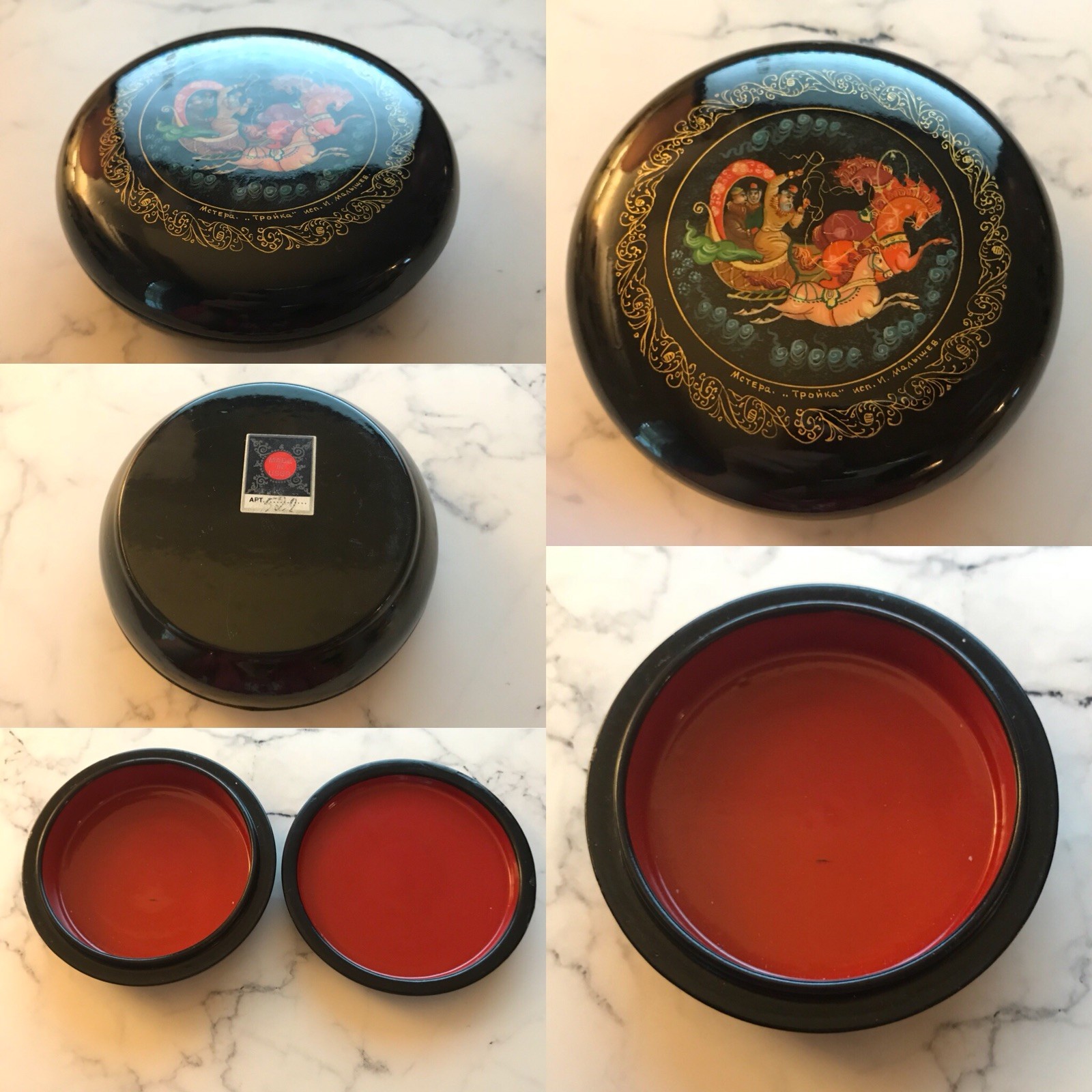 VINTAGE RUSSIAN LACQUER ROUND BOX TROIKA | eBay