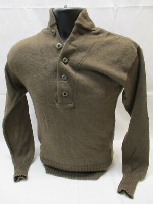 GI MILITARY BROWN MENS 100% ACRYLIC SWEATER OD 5 BUTTON WOOLY TOP JEEP ...