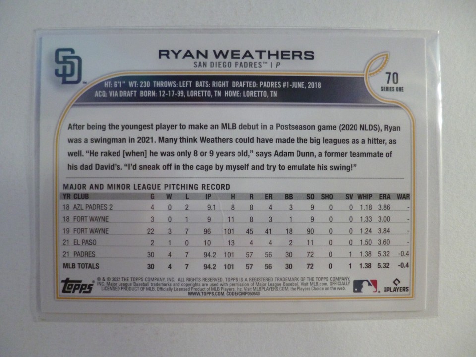 2022 Topps Meijer Purple Parallel Card #70 Ryan Weathers -Padres | eBay