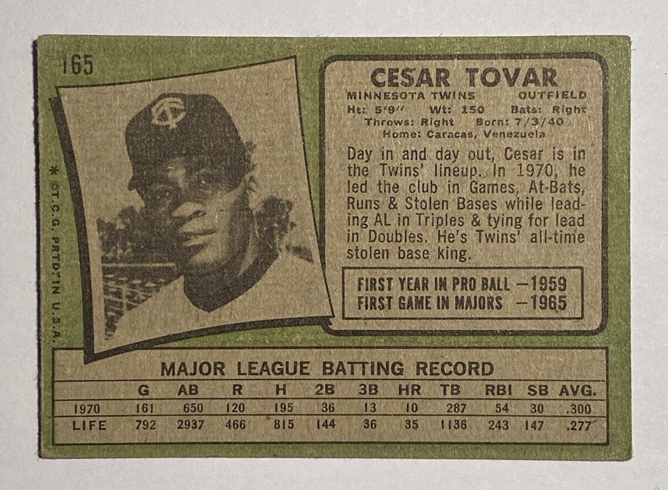 1971 Topps Set-Break #165 Cesar Tovar NM | eBay