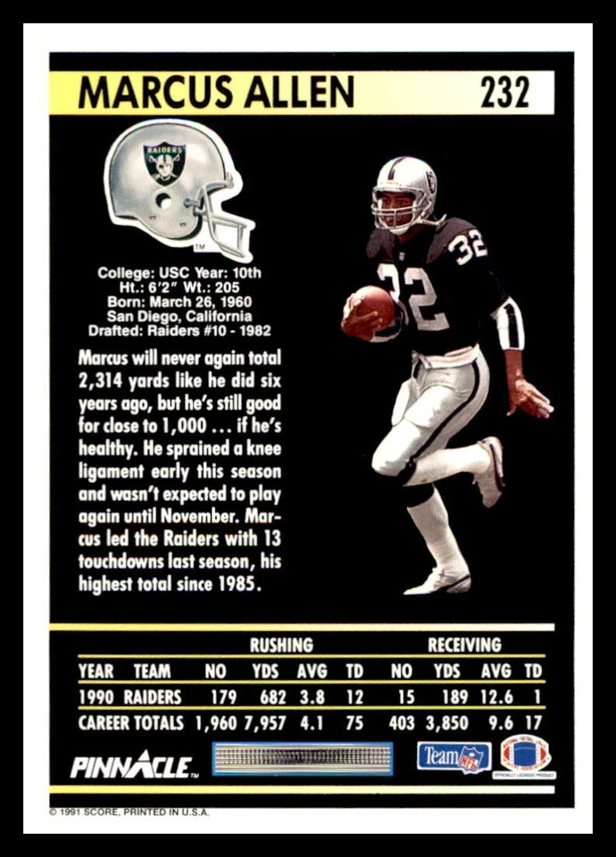 1991 Pinnacle Football #232 Marcus Allen HOF Los Angeles Raiders | eBay