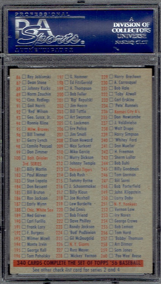 1956 Topps 1/3 Checklist. PSA 8 NMMT w/ clean, bright image. (TX7332 ...